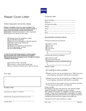 Fillable Online Repair Cover Letter - zeiss.com Fax Email Print - pdfFiller