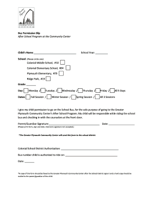 Fillable Online Bus Permission Slip After School Program at the ...