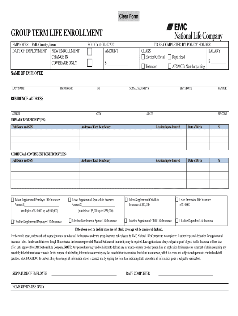 Fillable Online polkcountyiowa GROUP TERM LIFE ENROLLMENT Fax Email ...