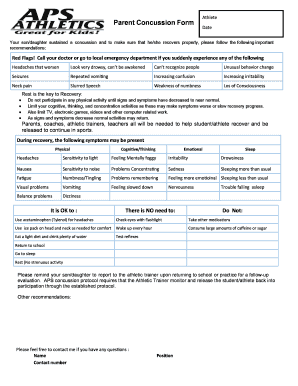 Fillable Online aps Athlete Parent Concussion Form Date - aps.edu Fax ...