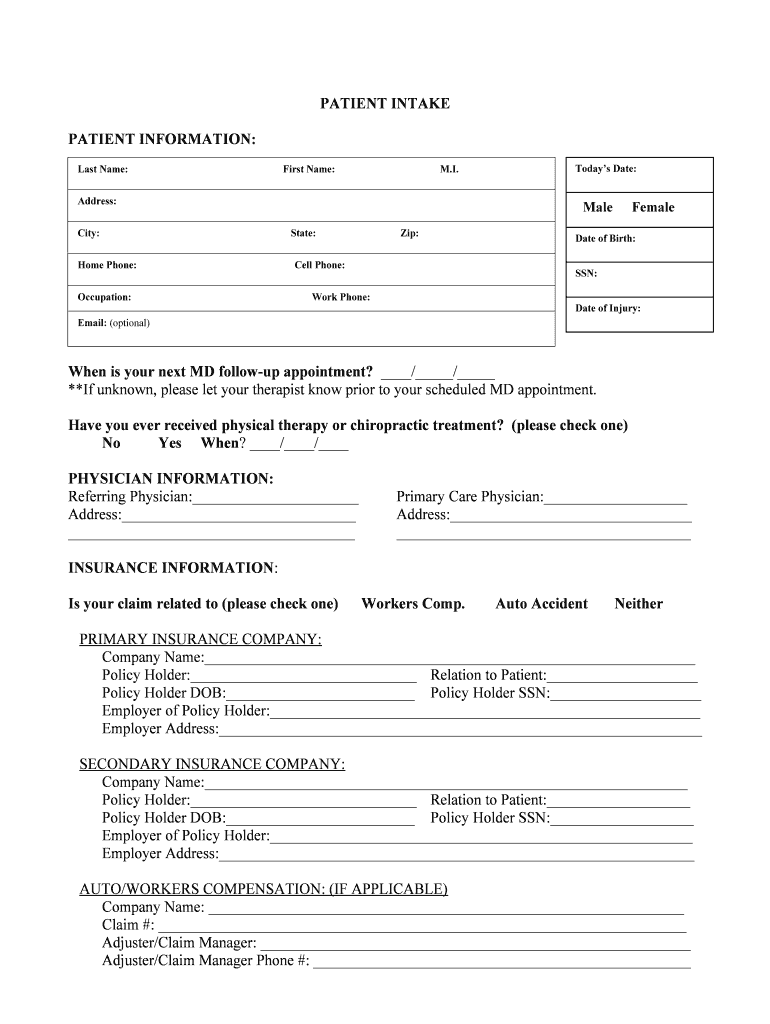 Fillable Online PATIENT INTAKE PATIENT INFORMATION Fax Email Print - pdfFiller