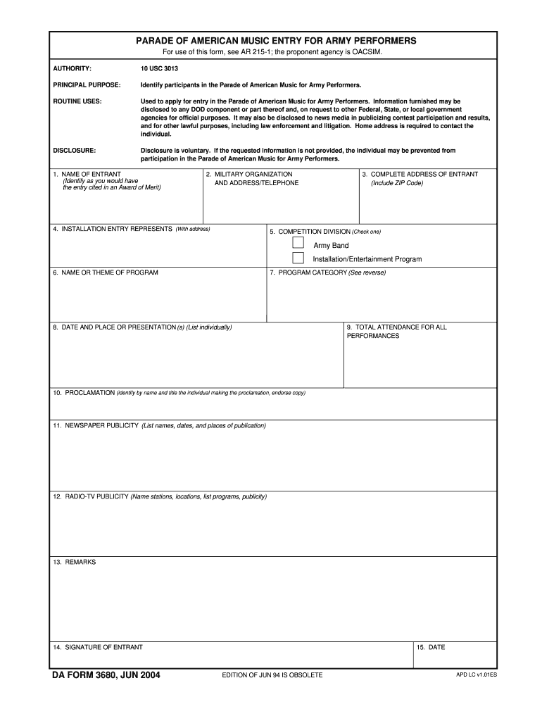 Fillable Online apd army PARADE OF AMERICAN MUSIC ENTRY FOR ARMY ...