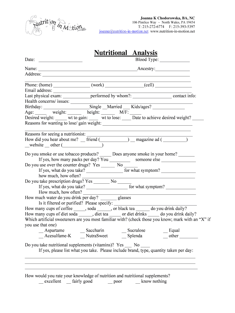 Fillable Online nutrition-in-motion nutritional analysis survey ...