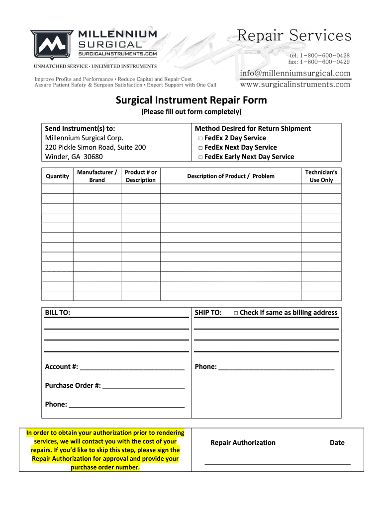 Fillable Online Surgical Instrument Repair Form - Millennium Surgical ...