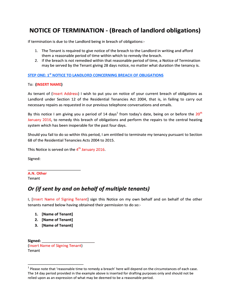 Fillable Online prtb continuous NOTICE OF TERMINATION - (Breach of ...