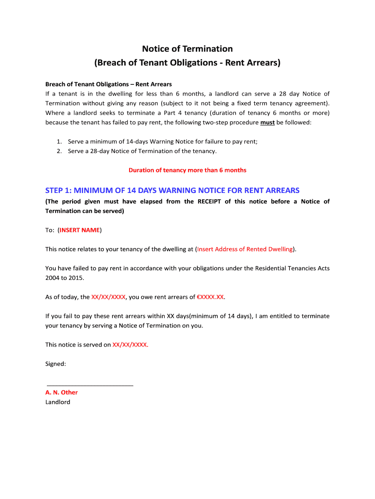 Fillable Online prtb continuous Notice of Termination (Breach of Tenant ...