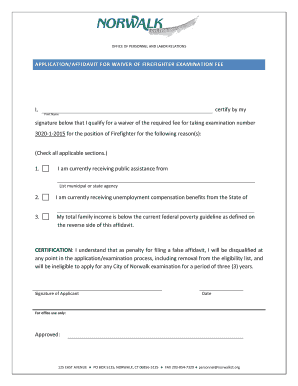 Fillable Online norwalkct APPLICATION/AFFIDAVIT FOR WAIVER OF FIRE Fax ...