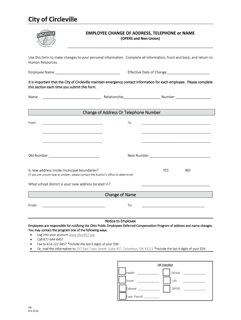Fillable Online EMPLOYEE CHANGE OF ADDRESS, TELEPHONE or NAME Fax Email ...
