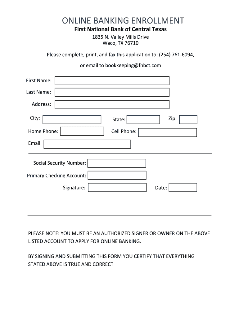 Fillable Online ONLINE BANKING ENROLLMENT - fnbct.com Fax Email Print ...