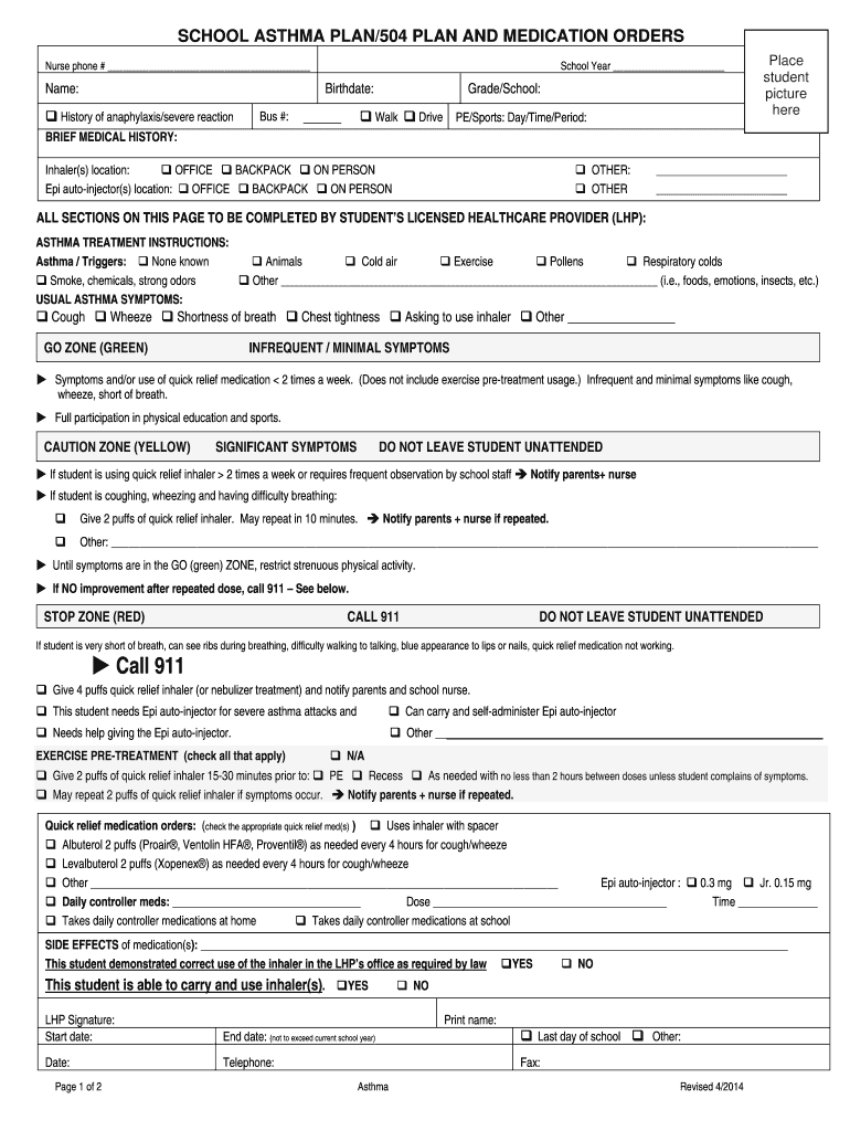 Fillable Online northwoodms mead354 SCHOOL ASTHMA PLAN/504 PLAN AND ...