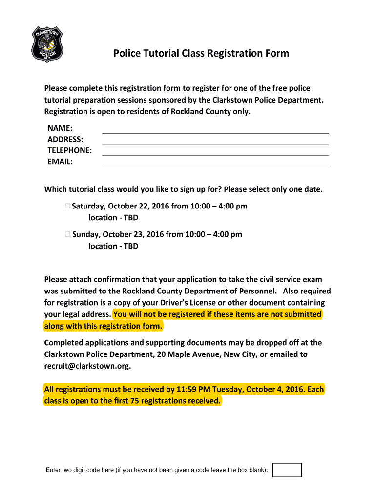 Fillable Online Police Tutorial Class Registration Form Fax Email Print - pdfFiller