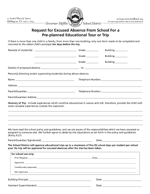 Fillable Online governormifflinsd Request for Excused Absence From ...