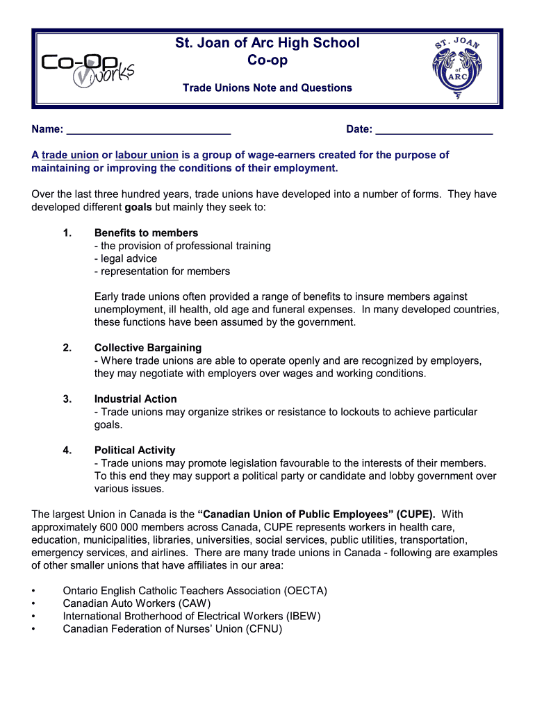 Fillable Online Trade Unions Note and Questions Fax Email Print - pdfFiller