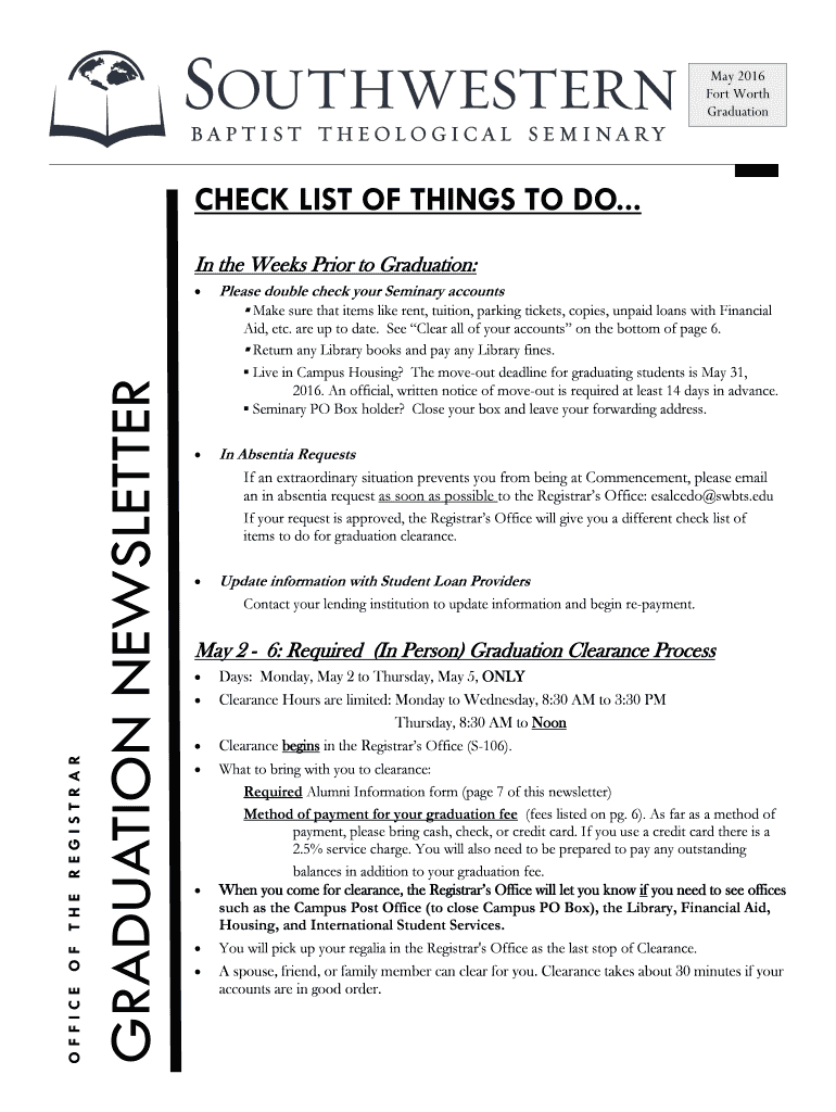 Fillable Online swbts CHECK LIST OF THINGS TO DO - swbts.edu Fax Email Print - pdfFiller