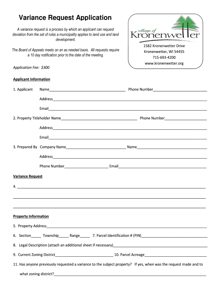 Fillable Online Variance Request Application - kronenwetter.org Fax ...