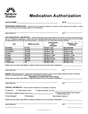 Fillable Online rainbowstation Medication Authorization ...