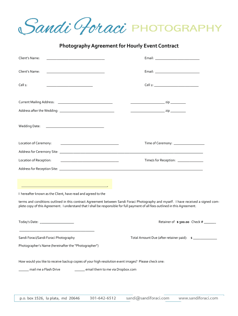 Fillable Online Photography Agreement for Hourly Event Contract Fax ...