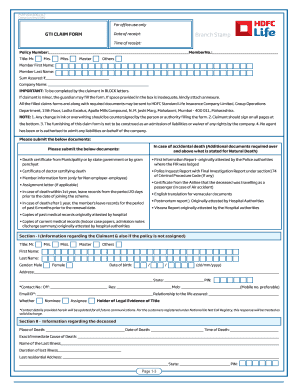 Fillable Online GTI Claim form.cdr - HDFC Life Fax Email Print - pdfFiller