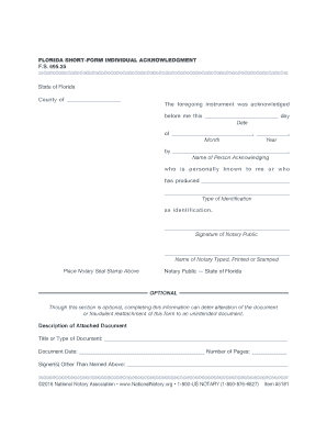 Fillable Online FLORIDA SHORT-FORM INDIVIDUAL ACKNOWLEDGMENT Fax Email Print - pdfFiller