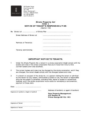 Fillable Online pacerealty Strata Property Act FORM K NOTICE OF TENANT ...