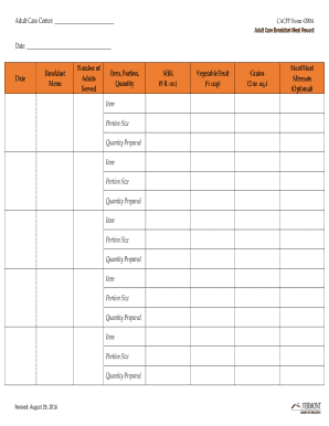 Fillable Online education vermont CACFP Form - Adult Care Breakfast ...