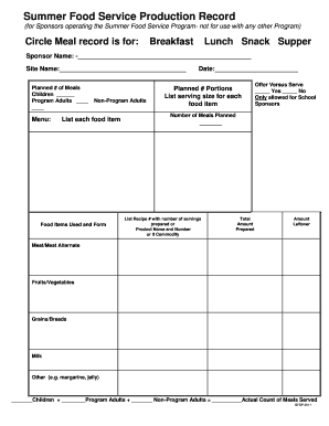 Fillable Online education ne Summer Food Service Production Record Fax ...