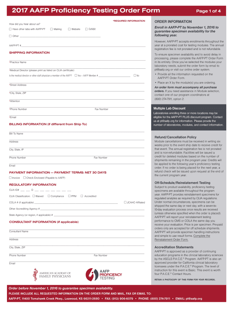 Fillable Online aafp AAFP-PT 2017 Testing Order Form Fax Email Print ...