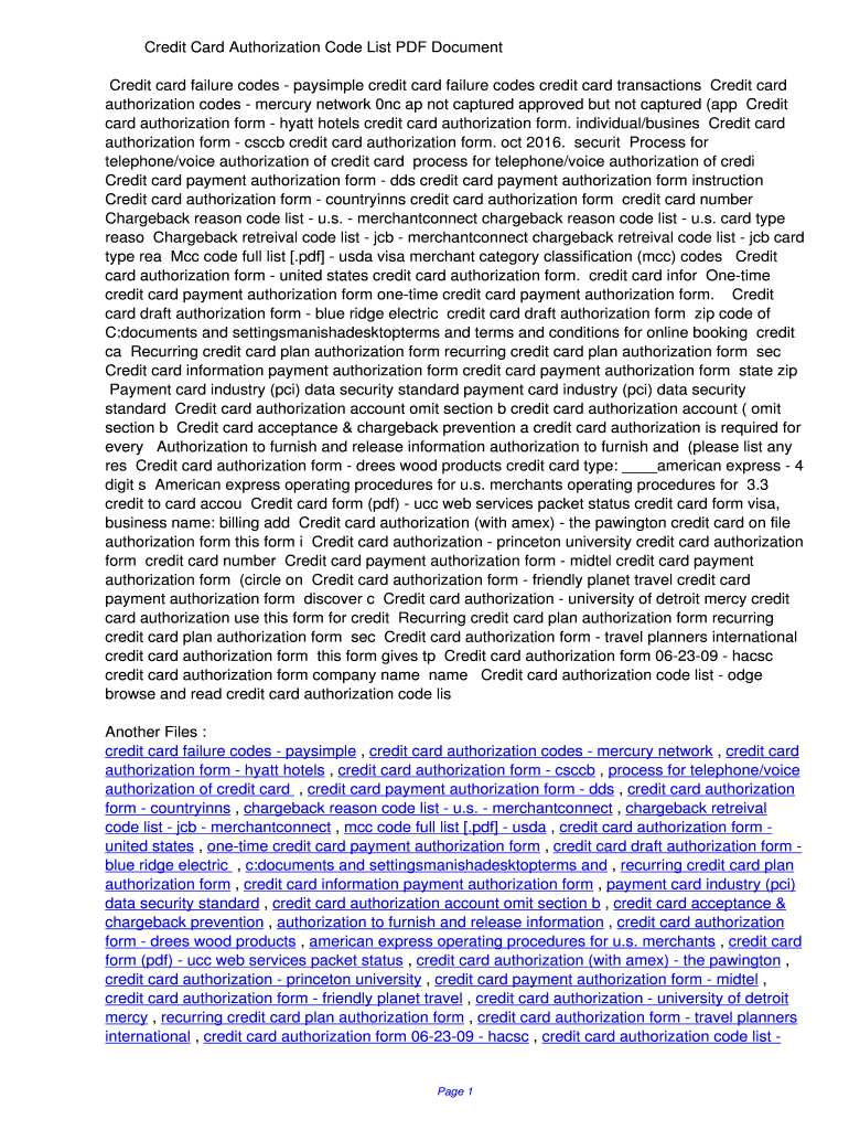 Fillable Online gjin Credit Card Authorization Code List PDF ...