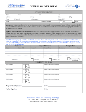 Fillable Online education uky Course Waiver Form IN PROGRESS ...