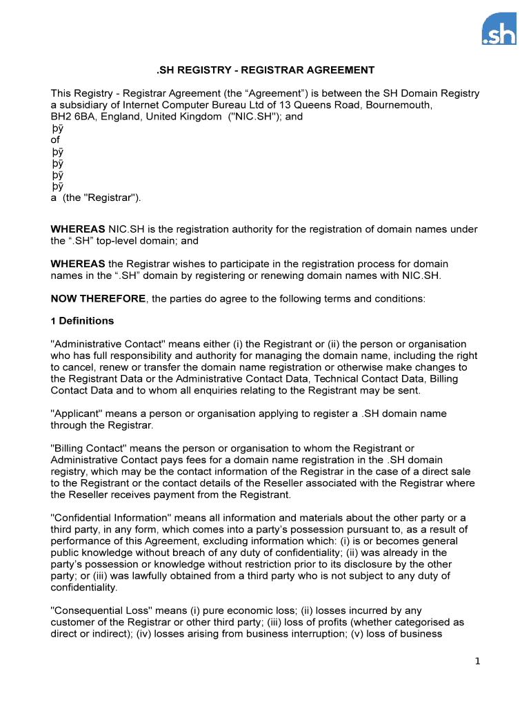 Fillable Online nic SH REGISTRY - REGISTRAR AGREEMENT Fax Email Print - pdfFiller