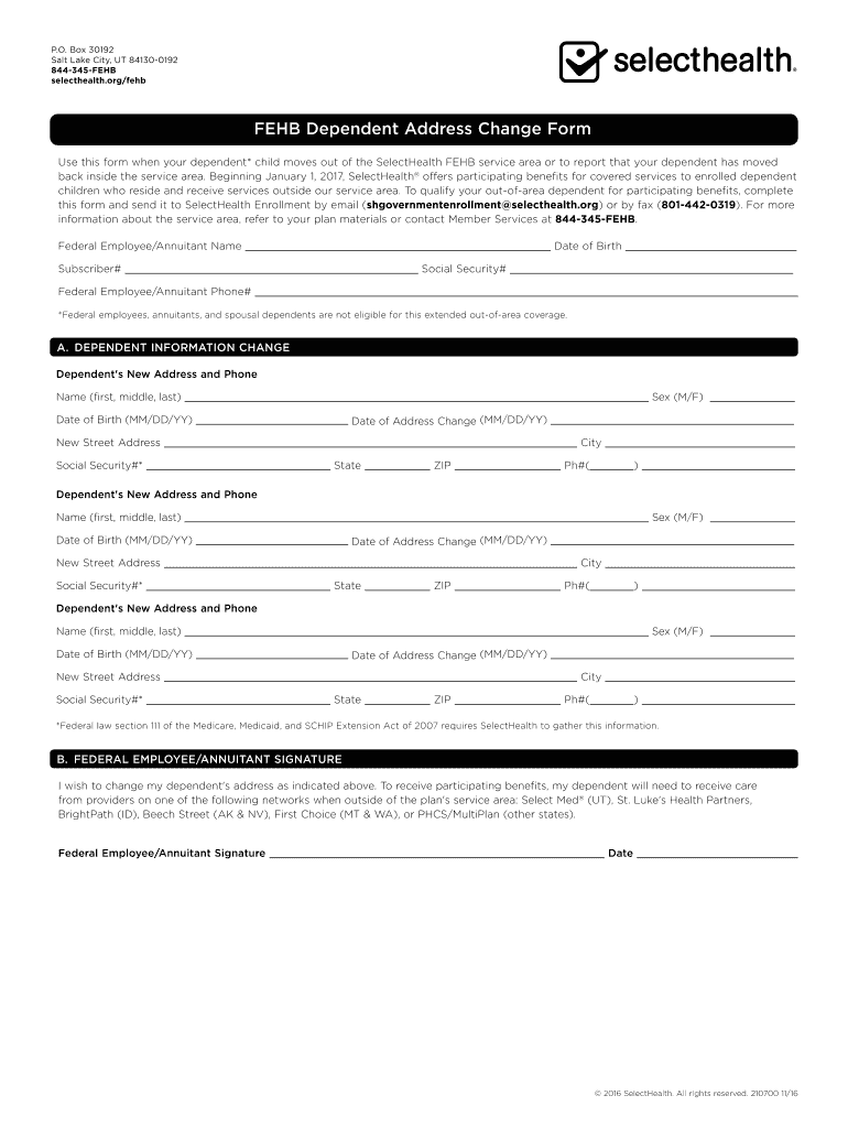 Fillable Online selecthealth FEHB Dependent Address Change Form ...