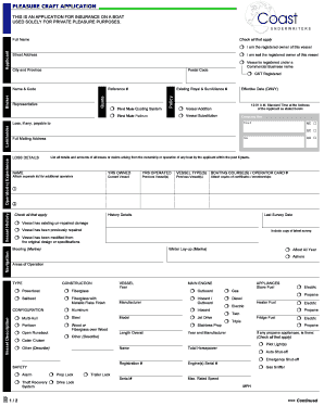 Fillable Online coastunderwriters PLEASURE CRAFT APPLICATION - Coast ...