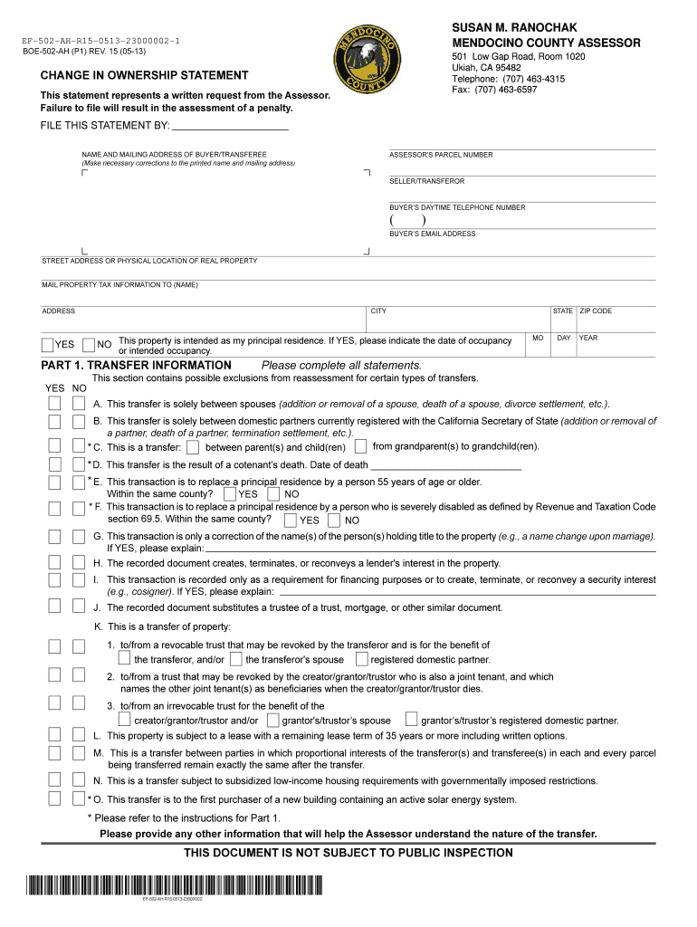 Fillable Online capropeforms CAA e-Forms Service Center - Mendocino: BOE-502-AH Fax Email Print ...