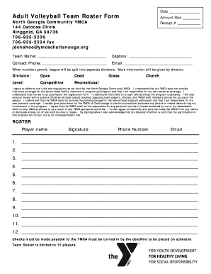 Fillable Online ymcachattanooga Adult Volleyball Team Roster Form ...