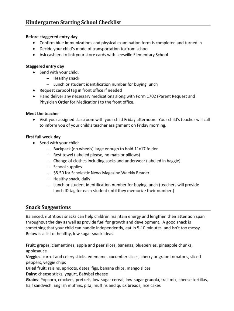 Fillable Online Kindergarten Starting School Checklist Fax Email Print ...