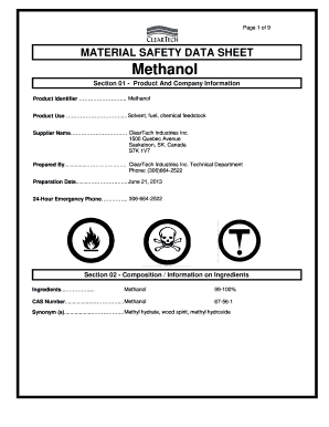 Fillable Online MATERIAL SAFETY DATA SHEET Methanol - ClearTech Fax Email Print - pdfFiller