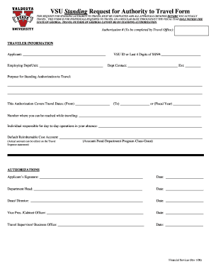 Fillable Online valdosta VSU Standing Request for Authority to Travel ...