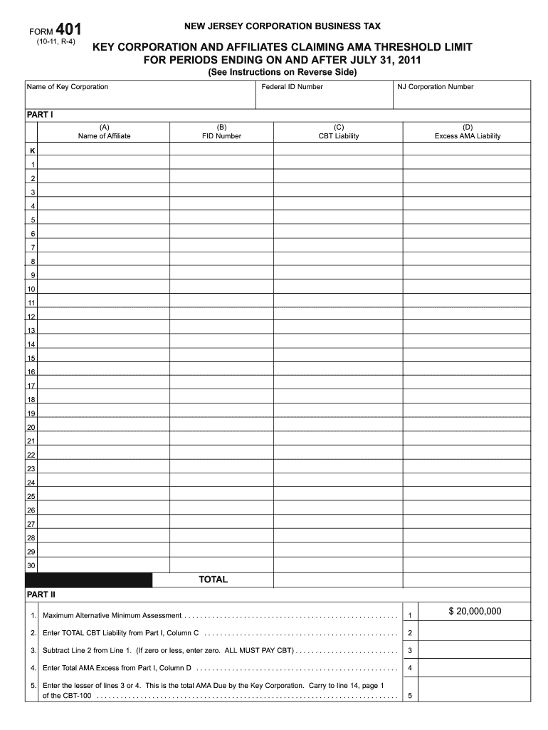 Fillable Online FORM 401 NEW JERSEY CORPORATION BUSINESS TAX KEY ...