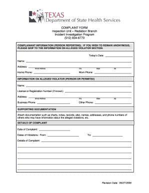 Fillable Online dshs texas INSTRUCTIONS FOR COMPLETING THE COMPLAINT ...