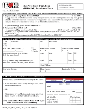 Fillable Online IEHP Medicare DualChoice (HMO SNP) Enrollment Form Fax ...