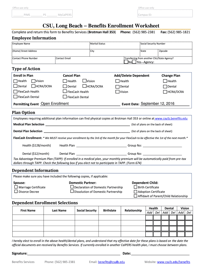 Fillable Online daf csulb Benefits Enrollment Worksheet - daf.csulb.edu ...