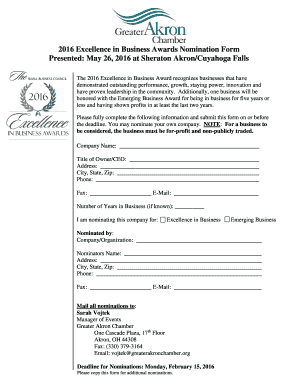 Fillable Online 2016 Excellence in Business Awards Nomination Form ...