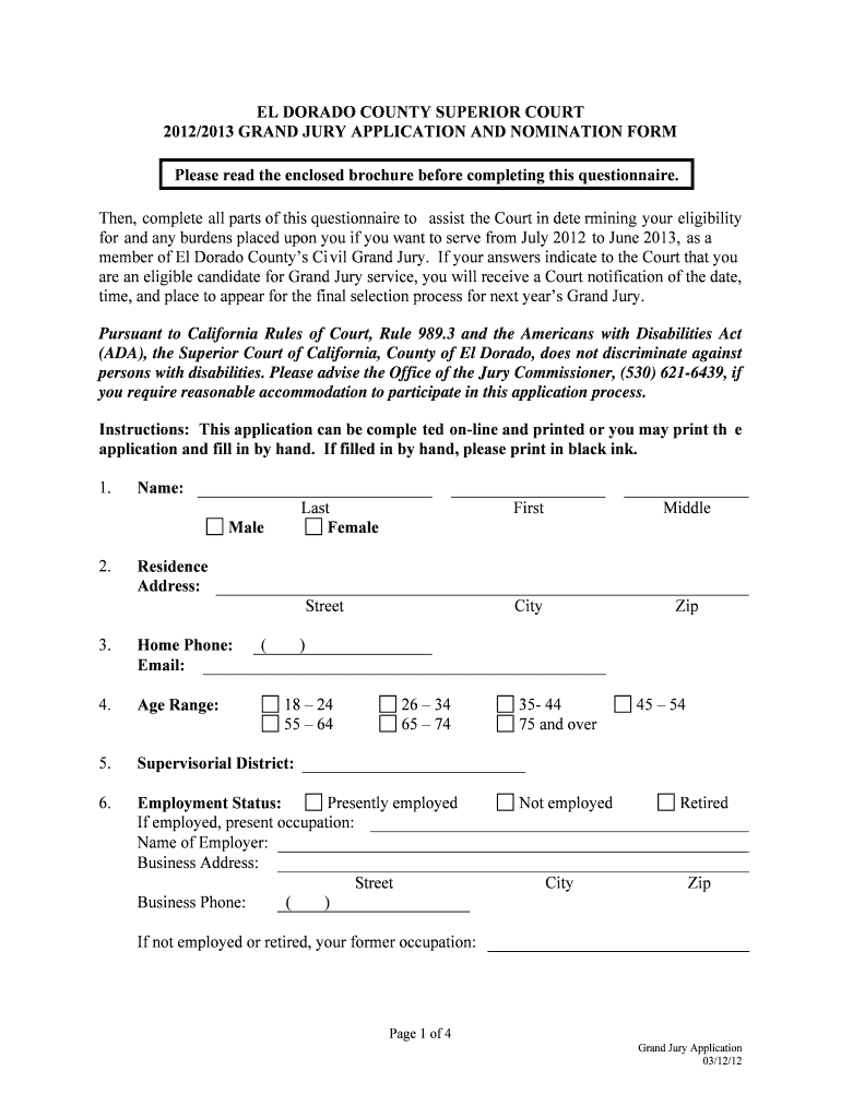 Fillable Online EL DORADO COUNTY SUPERIOR COURT GRAND JURY APPLICATION Fax Email Print - pdfFiller