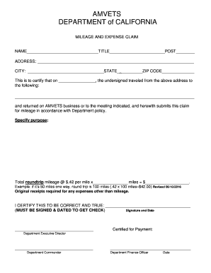 Fillable Online teamamvets Mileage and Expense Claim form - Team AMVETS ...