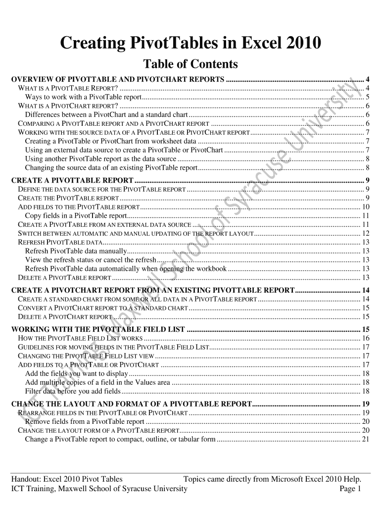 Fillable Online Overview Of Pivottable And Pivotchart Reports Fax Email