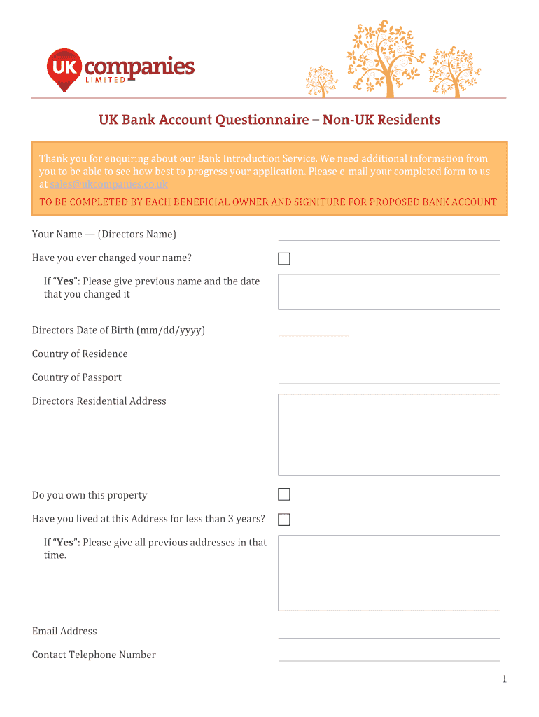 Fillable Online ltdcompany co UK Bank Account Questionnaire - UK Companies Limited Fax Email ...