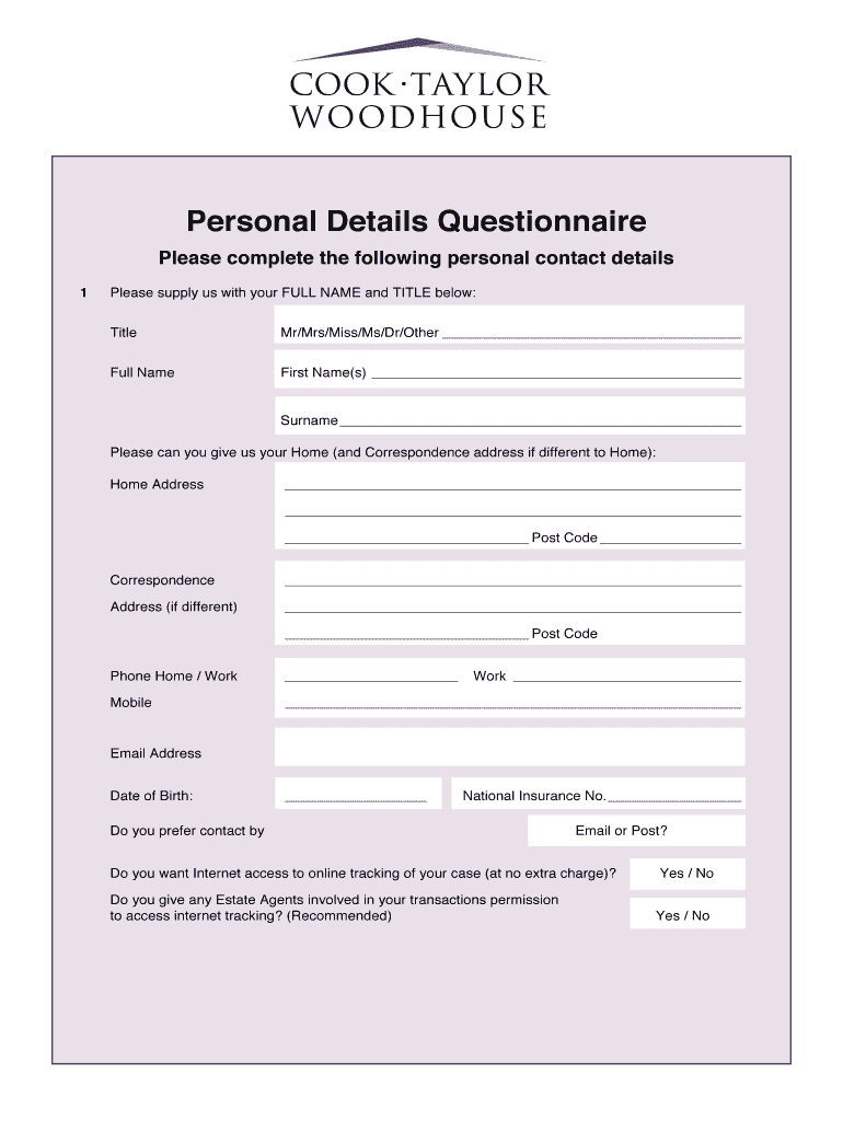 Fillable Online ctwsolicitors co Personal Details Questionnaire - CTW ...
