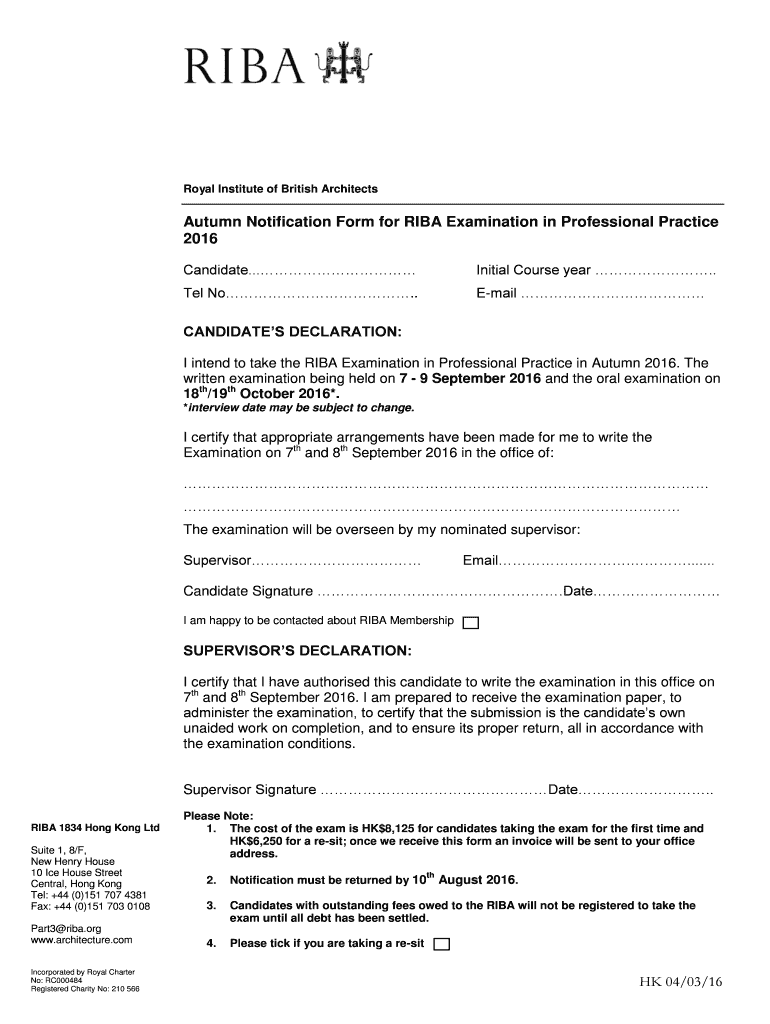Fillable Online Autumn Notification Form for RIBA Examination in ...