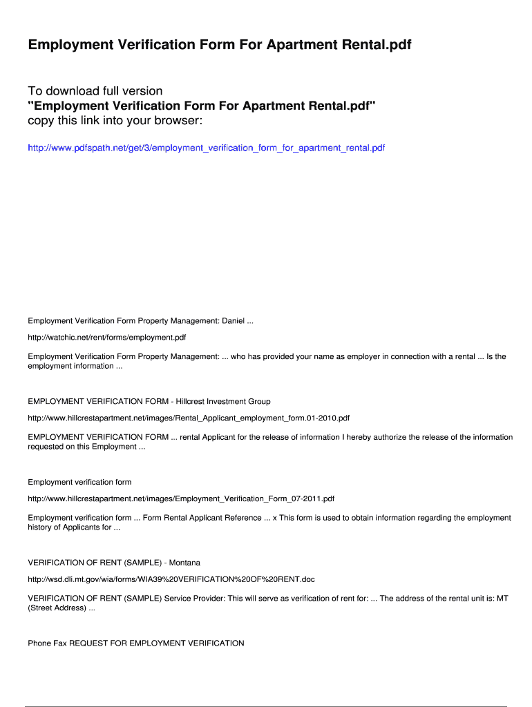 Fillable Online Employment Verification Form For Apartment Rental Fax ...