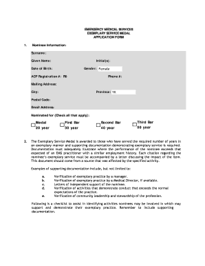 Fillable Online EMERGENCY MEDICAL SERVICES EXEMPLARY SERVICE MEDAL ...